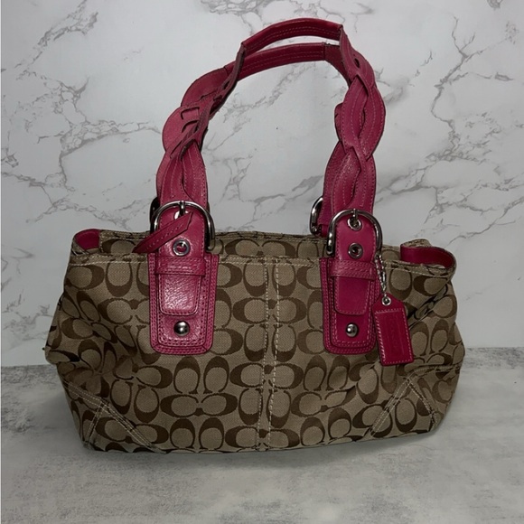 Coach | Bags | Coach Signature Brown Jacquard Pink Embroidered Bag ...